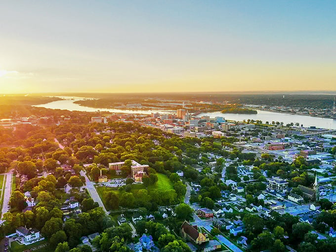 From above, you can see how Mount Carroll nestles into the landscape like it grew there naturally, the Mississippi River glinting in the distance.