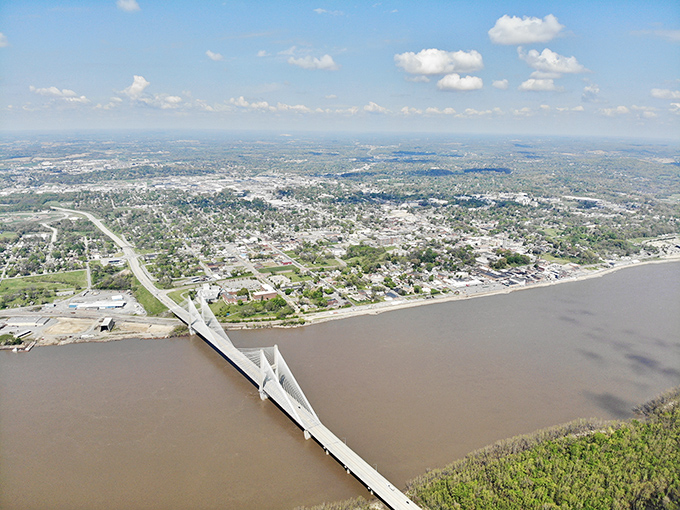 From above, Cape Girardeau reveals its perfect positioning along the Mississippi's curves, a riverside community that has thrived for generations.