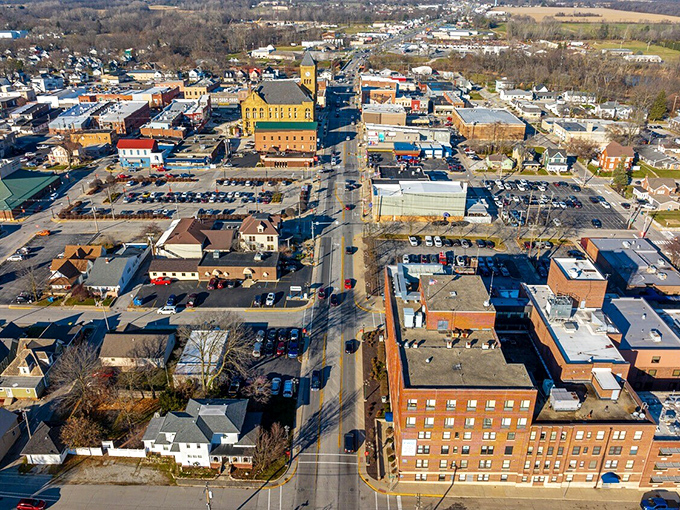 From above, Bluffton reveals itself as a perfect grid of possibility, with that magnificent courthouse still commanding center stage in this aerial ballet.