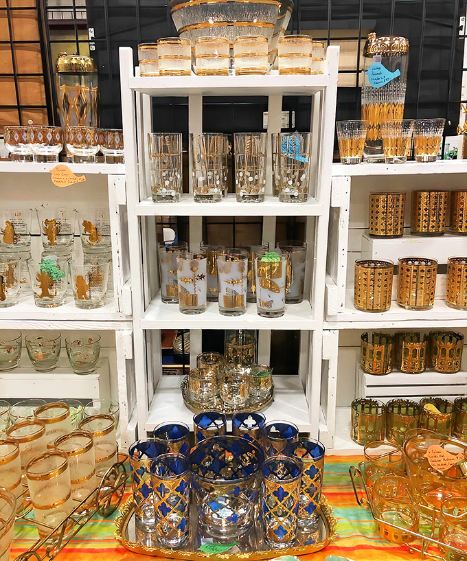 Mid-century glamour sparkles in every facet. These gold-accented glasses and decanters bring Mad Men sophistication to your home bar without the outdated attitudes.