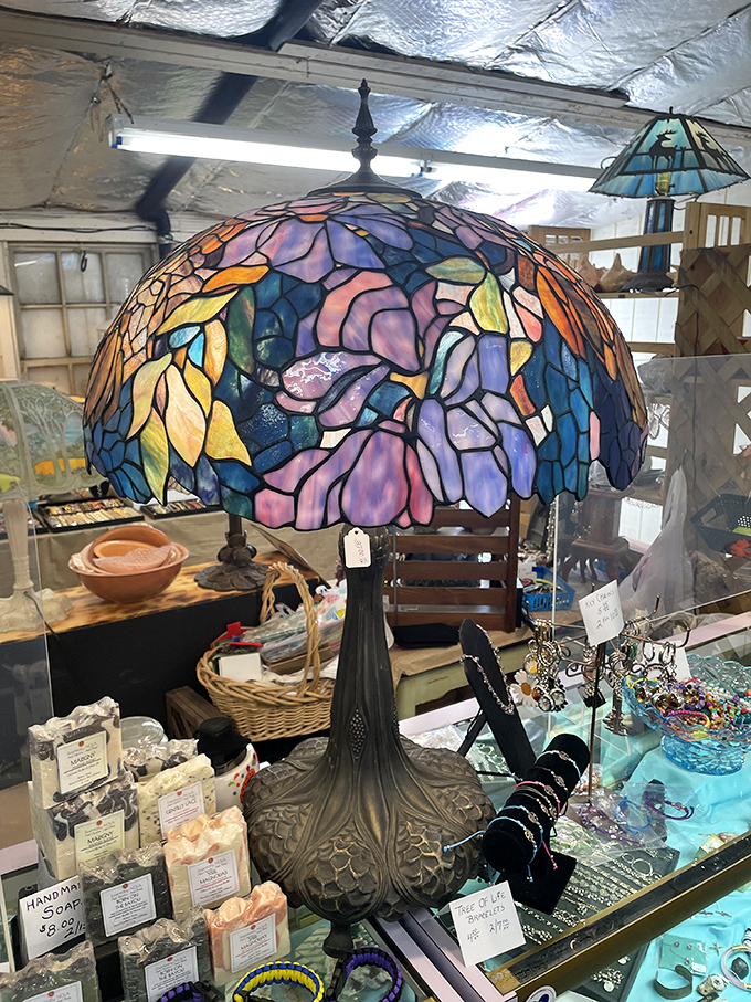 This stained glass Tiffany-style lamp transforms sunlight into art, the kind of find that makes you believe in flea market fairy tales.