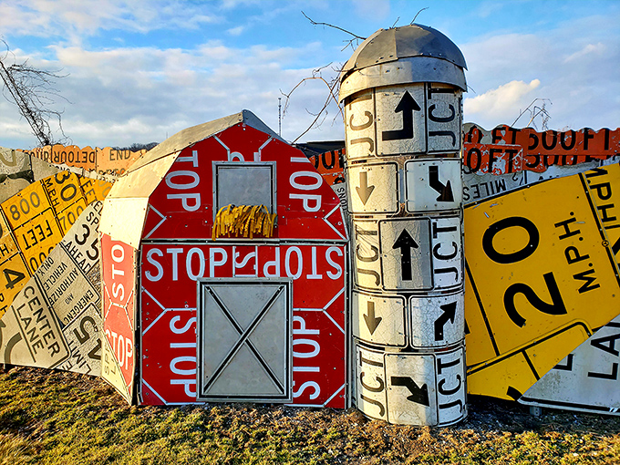 This barn doesn't house animals but rather human ingenuity. Constructed entirely from STOP signs, it's a structure that commands attention without saying a word.