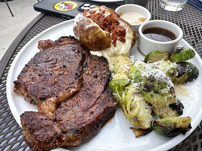 A blackened prime rib that's been introduced to heat with such respect that it's practically blushing. Those Brussels sprouts aren't just sides&mdash;they're accomplices.