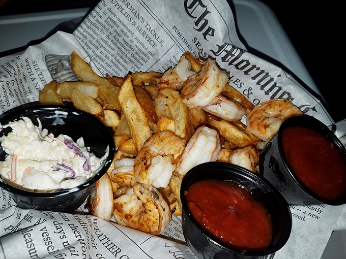 Plump shrimp nestled among golden chips with twin dipping sauces standing by. It's a seafood threesome that's completely family-appropriate.