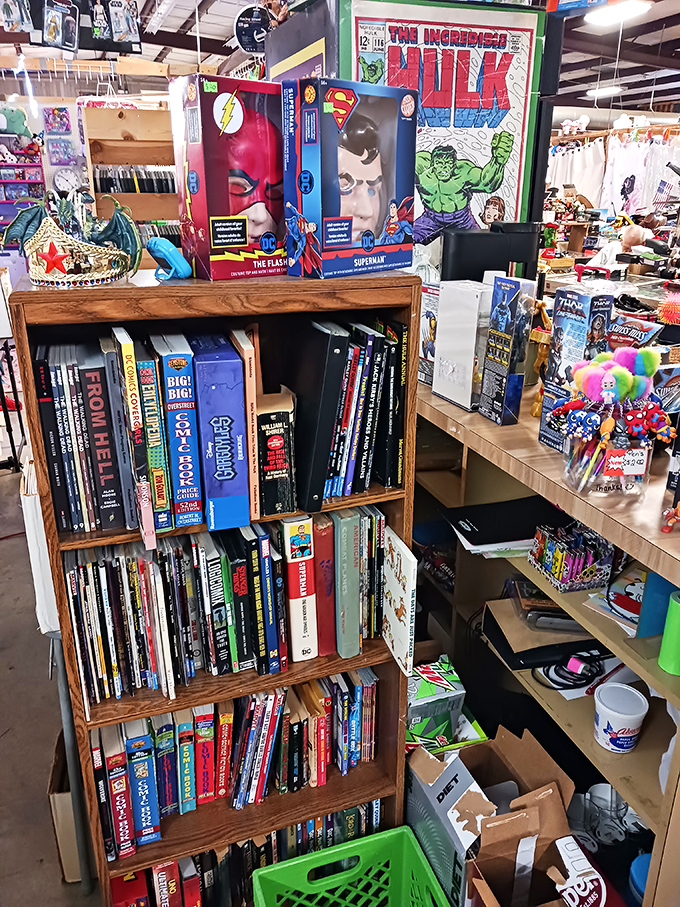 Superhero headquarters! Comic books and collectibles create a colorful shrine to pop culture where fans of all ages find their happy place.