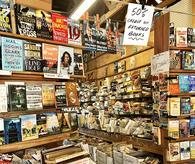 Literary treasure trove where bestsellers meet bargain hunters. The sign promising "50% credit on returned books" speaks to serious readers everywhere.