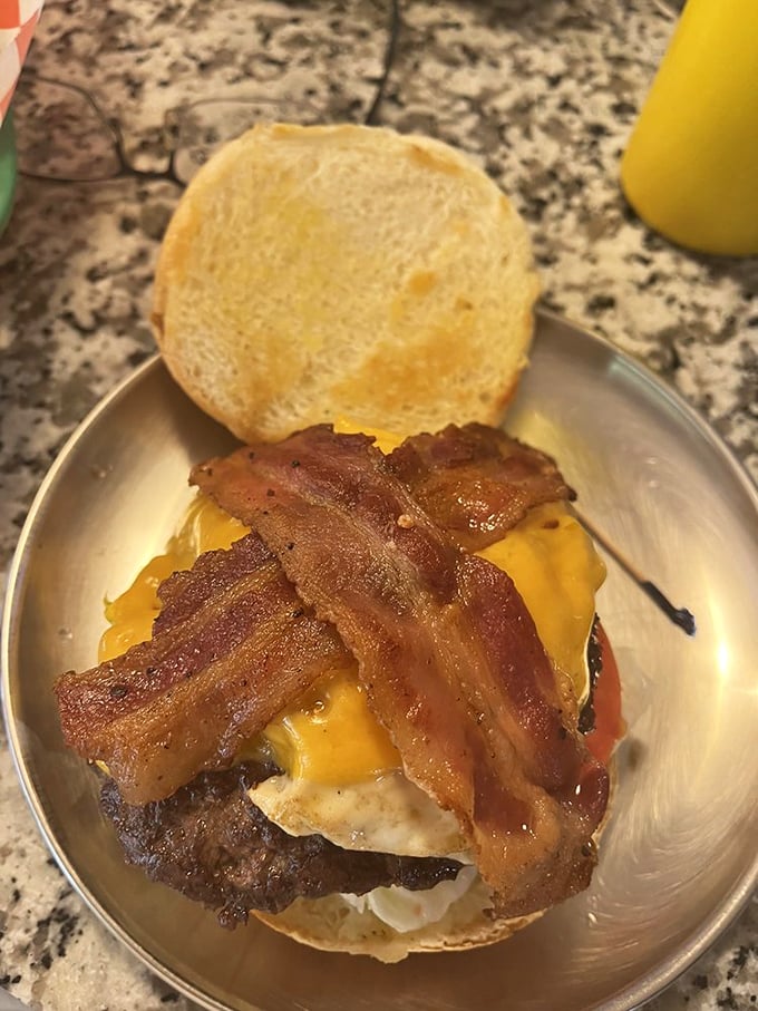 The breakfast burger &ndash; where morning meets afternoon in a glorious collision of bacon, egg, and beef. Time is just a construct anyway.