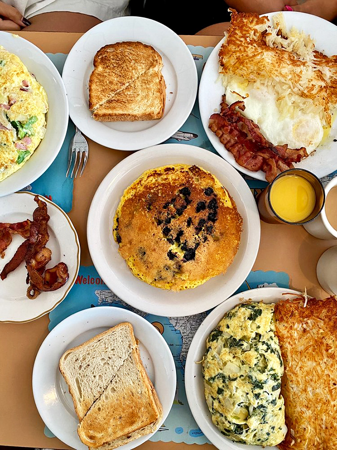 The breakfast spread that launches a thousand food photos – a table full of classics that reminds you why diners will never go out of style.