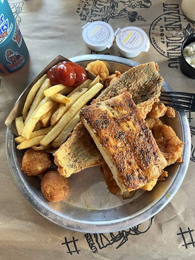 The Captain's Platter isn't just a meal; it's a seafood celebration on a metal tray, where crispy flounder steals the show.