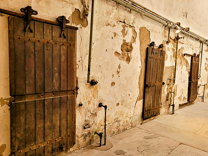 Heavy wooden doors with iron hardware line the corridor, each one once the boundary between freedom and confinement. Simple design, profound purpose.