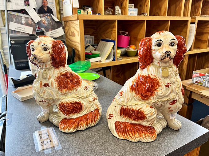 Staffordshire spaniel dogs stand guard with painted charm. These ceramic pups have loyally watched over mantels since before Lassie was a twinkle in Hollywood's eye.