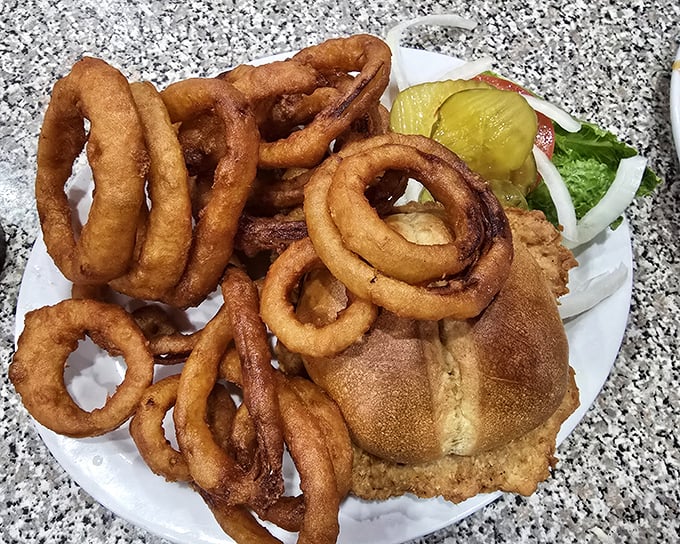 When onion rings this perfect surround a sandwich this substantial, you know you've found diner nirvana in the heart of Iowa.