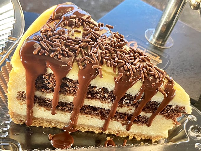 Chocolate cheesecake with cascading fudge and sprinkles that doesn't just satisfy your sweet tooth—it throws it a parade complete with confetti.