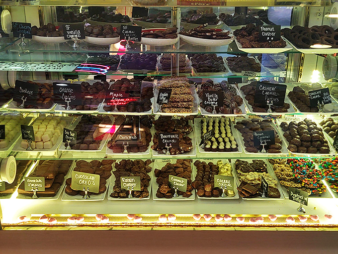 The dessert case&mdash;where willpower goes to die and happiness begins. Each little chocolate square is a doorway to momentary bliss.