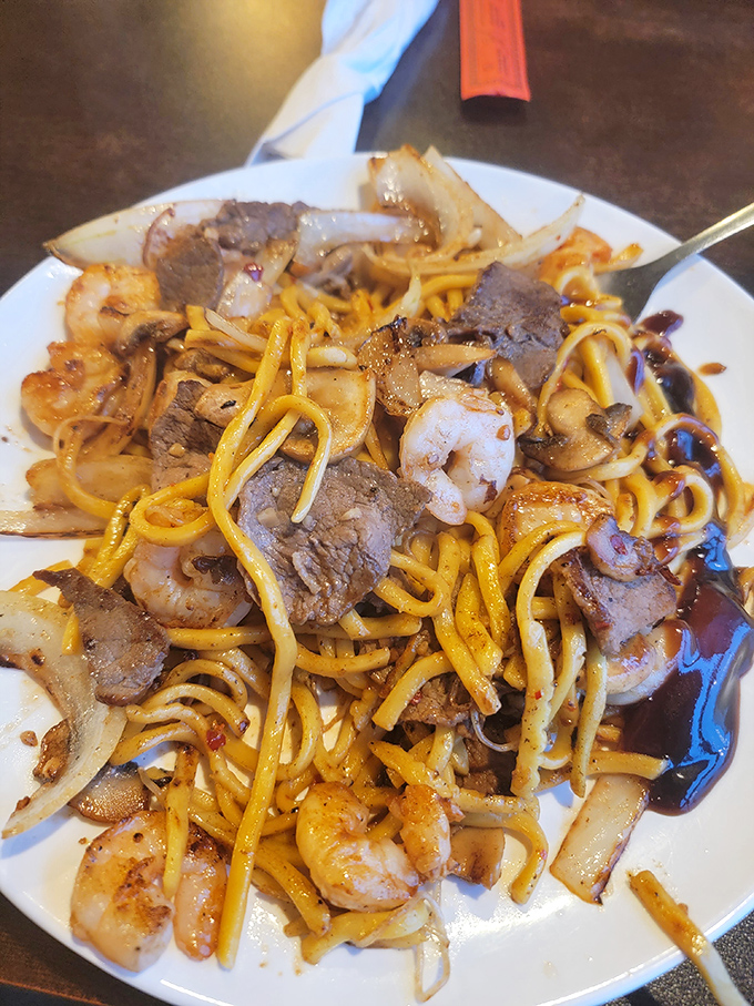 This hibachi-style noodle dish is a beautiful tangle of contrasts&mdash;chewy noodles, tender beef, plump shrimp, and crisp vegetables in harmonious coexistence