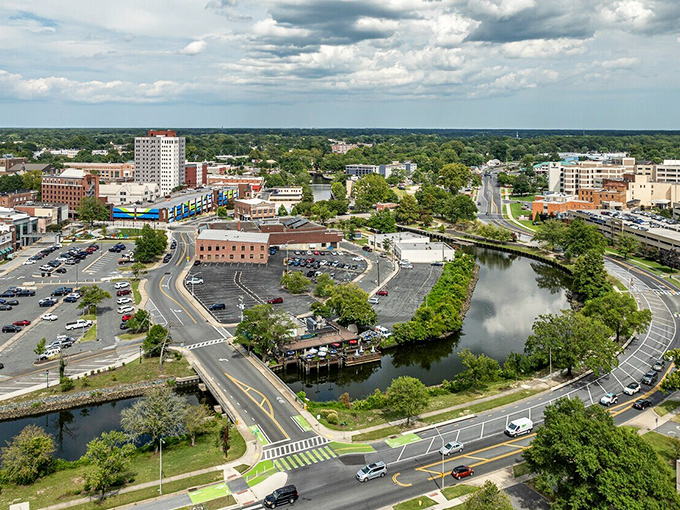 This aerial view reveals Salisbury's perfect balance&mdash;urban amenities nestled among green spaces, with the Wicomico River tying it all together like nature's ribbon.