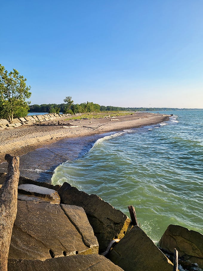The shoreline stretches like nature's welcome mat beside the lighthouse, inviting beachcombers to explore while keeping one eye on that photogenic tower.