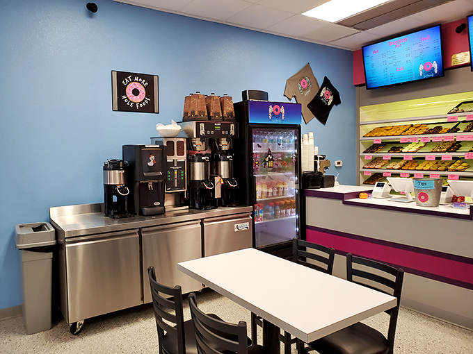 The coffee corner: where caffeine dreams come true while you contemplate which donut deserves your attention first. Strategic planning at its finest.