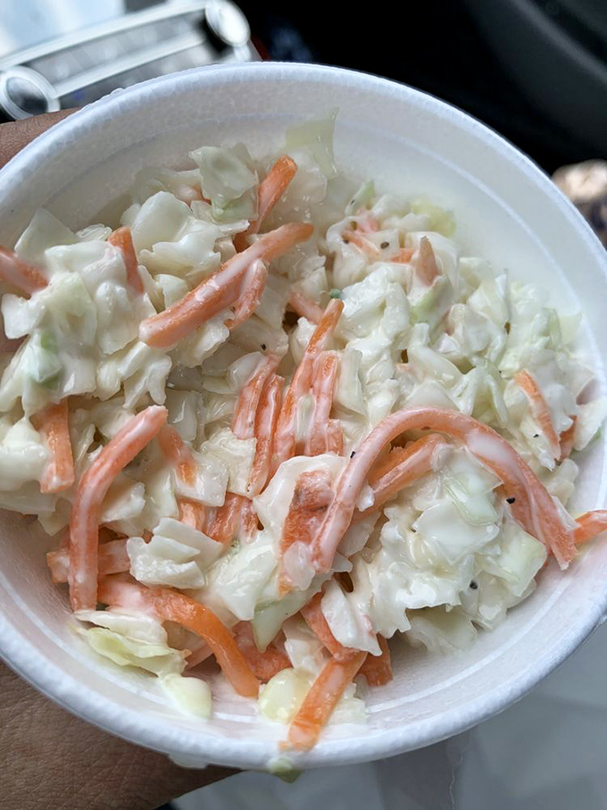 The coleslaw &ndash; that perfect cool, creamy counterpoint to a hot burger. Simple, honest, and exactly what your grandmother would approve of.