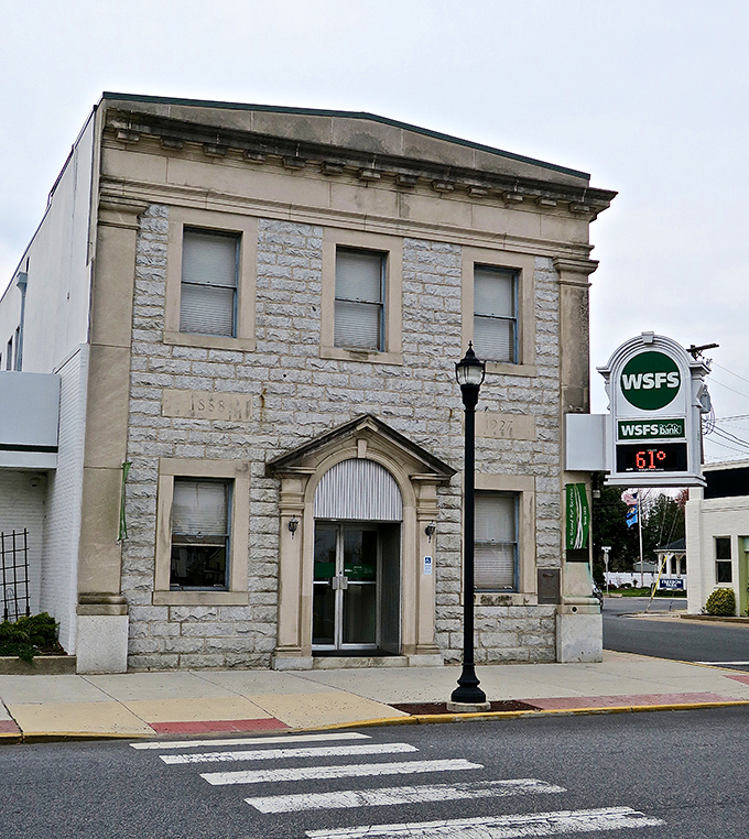 Historic buildings line Commerce Street, their limestone facades telling stories of Harrington's past while housing the businesses that sustain its present.