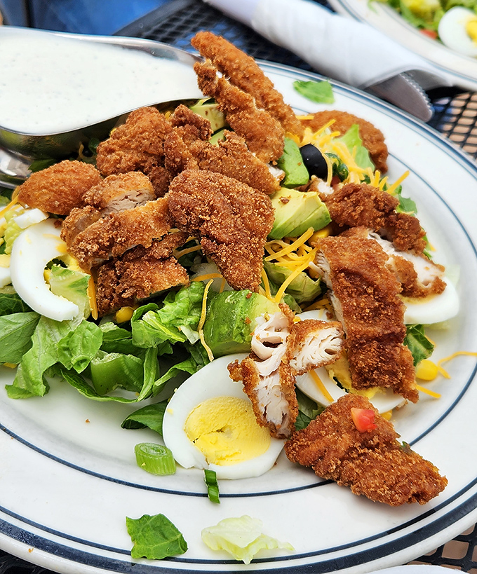 This crispy chicken salad with hard-boiled eggs is the answer to "I want something healthy but also something fried." Best of both worlds.