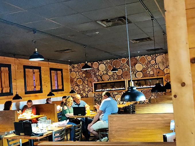 Where food becomes the centerpiece of human connection. Those wood-slice wall accents aren't just decoration&mdash;they're a philosophy.