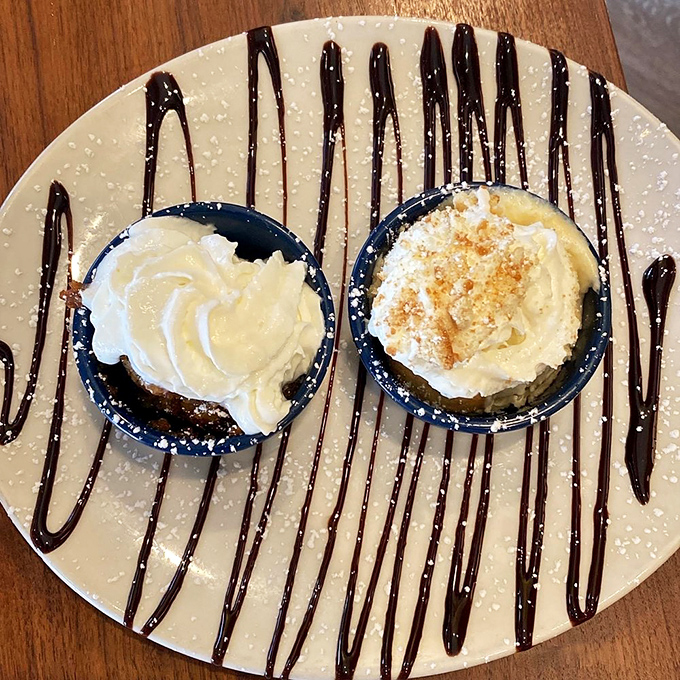 Dessert that doesn't just end the meal but punctuates it with an exclamation point of chocolate drizzle and creamy decadence.