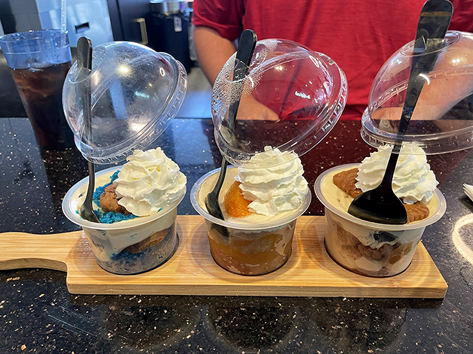 Dessert flight paradise – because choosing just one sweet ending is cruel and unusual punishment that no diner should have to endure.