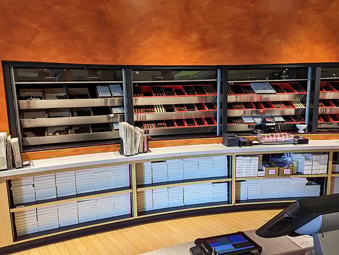Behind the counter where chocolate dreams come true, shelves lined with temptations organized with Swiss precision and American abundance.
