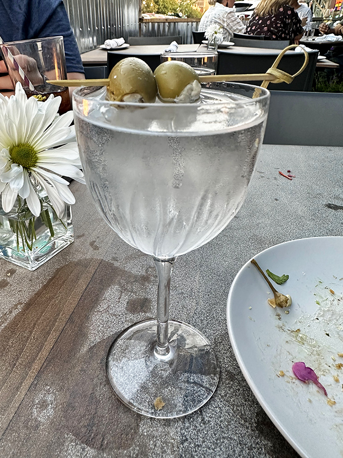 A martini so clear it could pass a transparency test, garnished with olives that have found their perfect swimming pool.