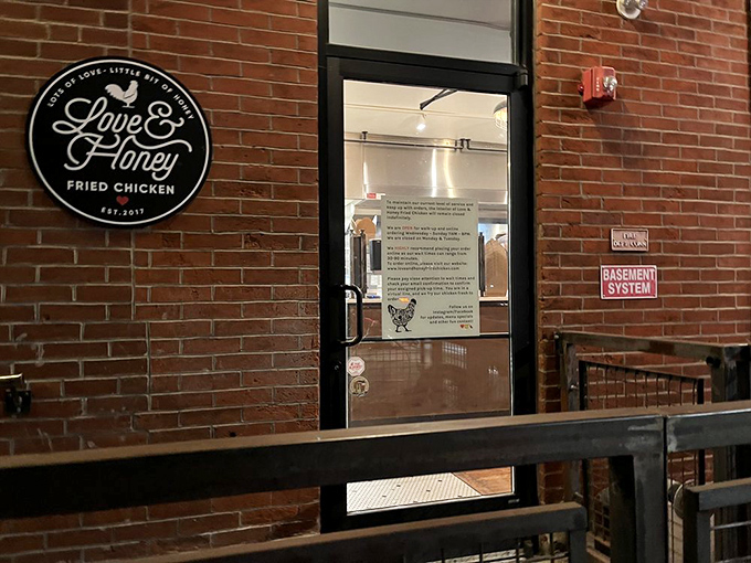 The entrance that thousands have pilgrimaged through, chalkboard temptations beckoning passersby like a siren song for chicken lovers.