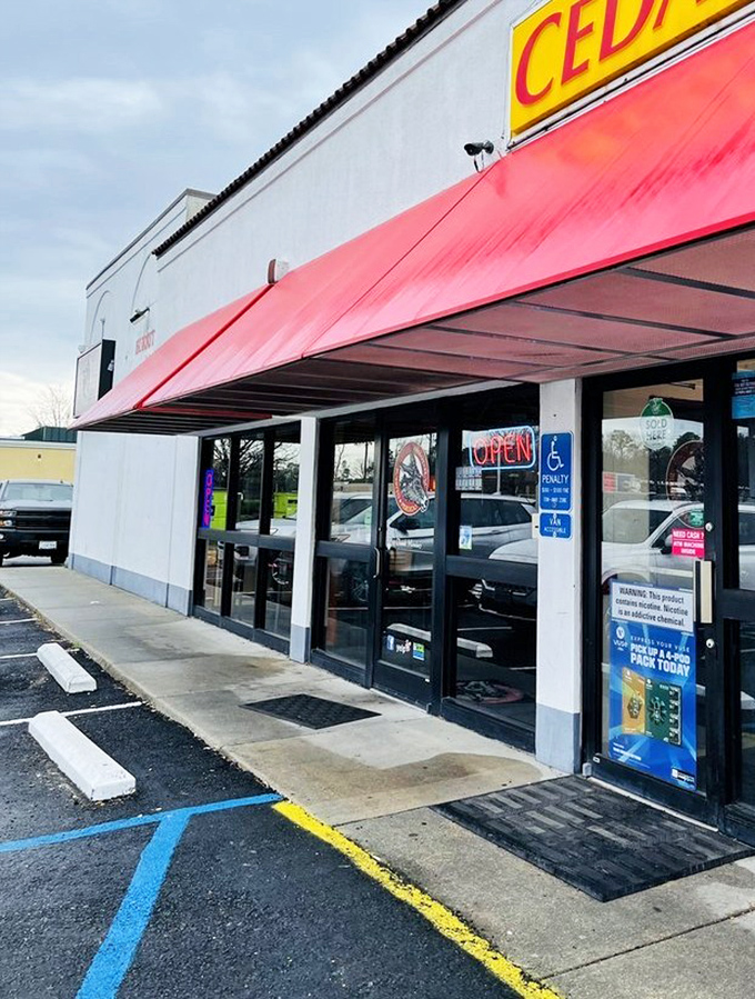 The red awning serves as a culinary lighthouse, guiding hungry souls to safe harbor. No fancy frills, just the promise of satisfaction inside.
