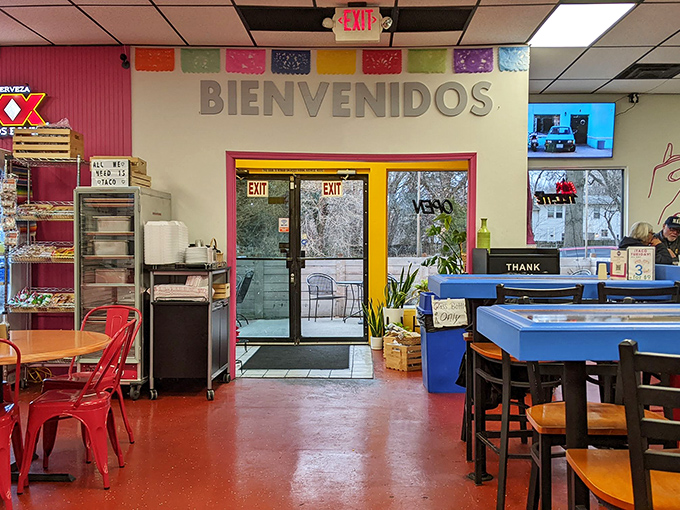 "Bienvenidos" indeed. The colorful entrance and exit area feels less like leaving a restaurant and more like reluctantly departing a friend's particularly delicious dinner party.