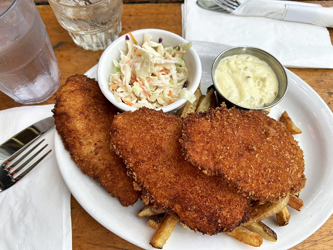 Golden-brown fish and chips with coleslaw and tartar sauce&mdash;a plate that whispers "you made the right choice" with every crunchy, flaky bite.