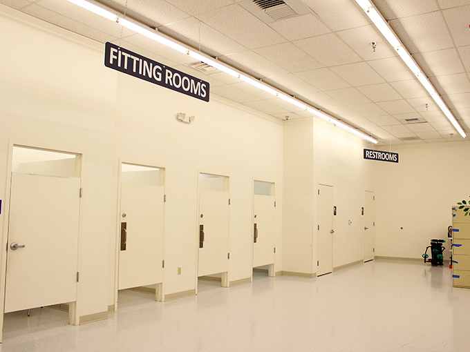 Clean, bright fitting rooms that eliminate the guesswork&mdash;because "looks great on the hanger" and "looks great on me" are different concepts.