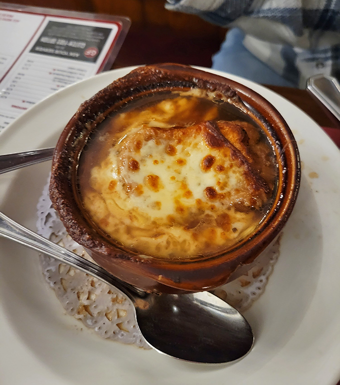 French onion soup with a cheese cap that stretches to the heavens. The kind of comfort food that makes New Hampshire winters bearable.