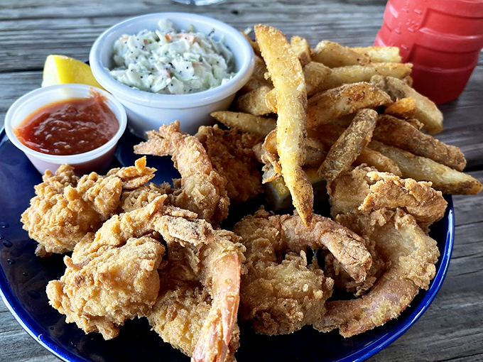 Fried shrimp and fries that would make any seafood shack proud. The tartar sauce is standing by, ready for its moment of glory.