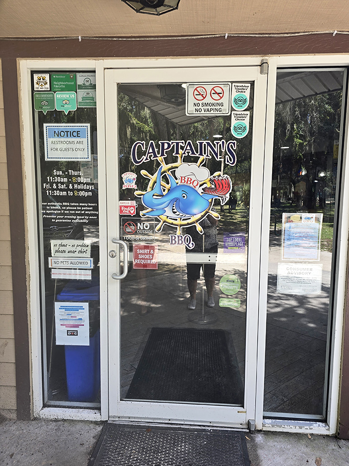 The entrance to meat paradise, complete with a blue marlin logo that seems to say, "You've made an excellent decision today."