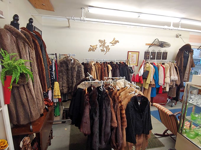 Vintage fur coats hanging like a timeline of fashion history. Each one has stories to tell of opera nights, fancy restaurants, and an era when glamour required no apology.
