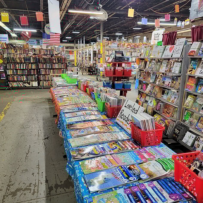 A rainbow of reading possibilities stretches before you. Those red baskets aren't shopping aids—they're literary life rafts in a sea of options.