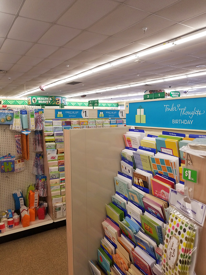 The greeting card section proves thoughtfulness doesn't require a small loan&mdash;"Tender Thoughts" indeed for just a dollar.