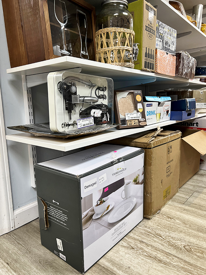 Kitchen treasures await new homes! That slightly damaged dinnerware box holds perfectly good plates inside&mdash;a metaphor for secondhand shopping if ever there was one.