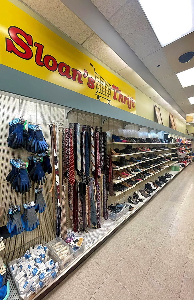 The accessories wall features gloves, belts, and a shoe selection that would make Imelda Marcos nod in approval. Those ties could upgrade any business casual wardrobe.