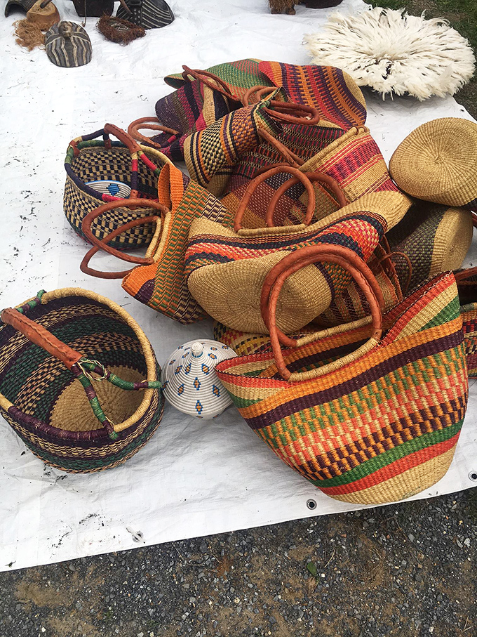 Handwoven market baskets in a rainbow of patterns combine form and function, their natural fibers and leather handles promising years of stylish shopping adventures.