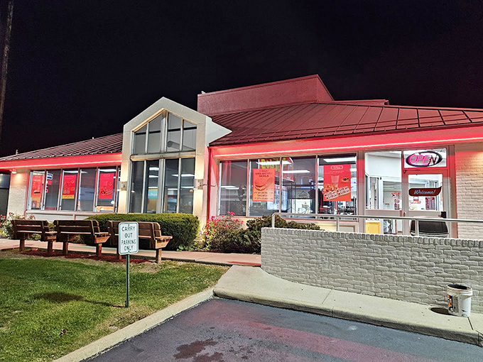 Under night skies, Jib Jab's warm glow beckons like an old friend saying, "It's never too late for a good hot dog."