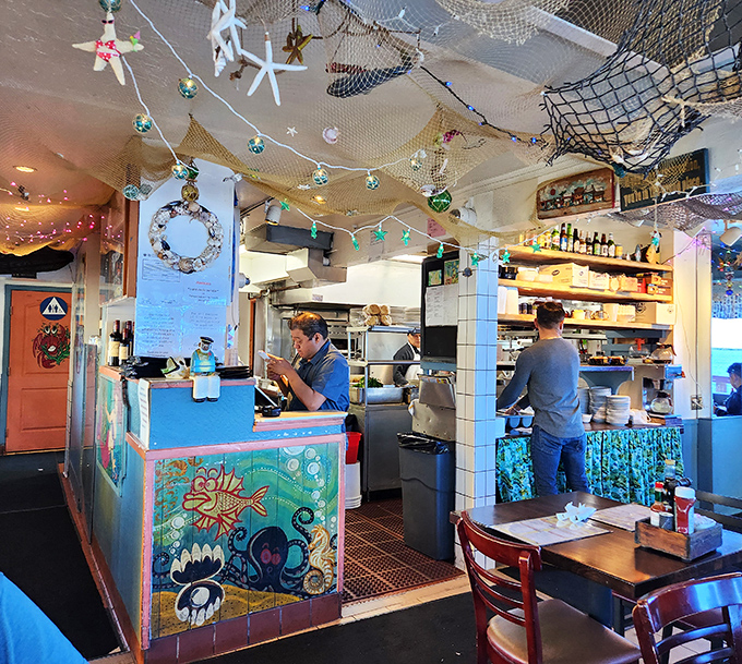 Where the magic happens: the open kitchen at Barbara's Fishtrap, where simple ingredients transform into coastal California classics before your eyes.