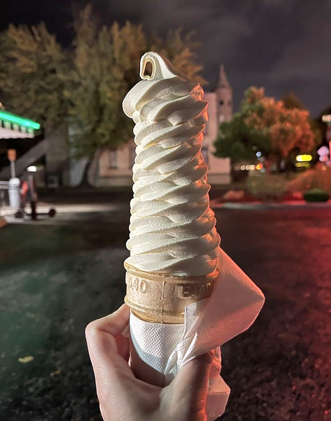 As night falls in Boise, this towering vanilla cone glows like a beacon of hope in a complicated world. Some treasures are simple but perfect. cone