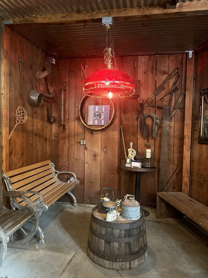 Cozy lobby seating invites lingering conversations while antique tools tell stories of canyon history.