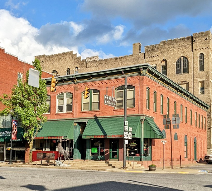 This corner building with its distinctive green roof has likely witnessed first dates, business deals, and family celebrations. The brick facade holds decades of local stories served alongside daily specials.