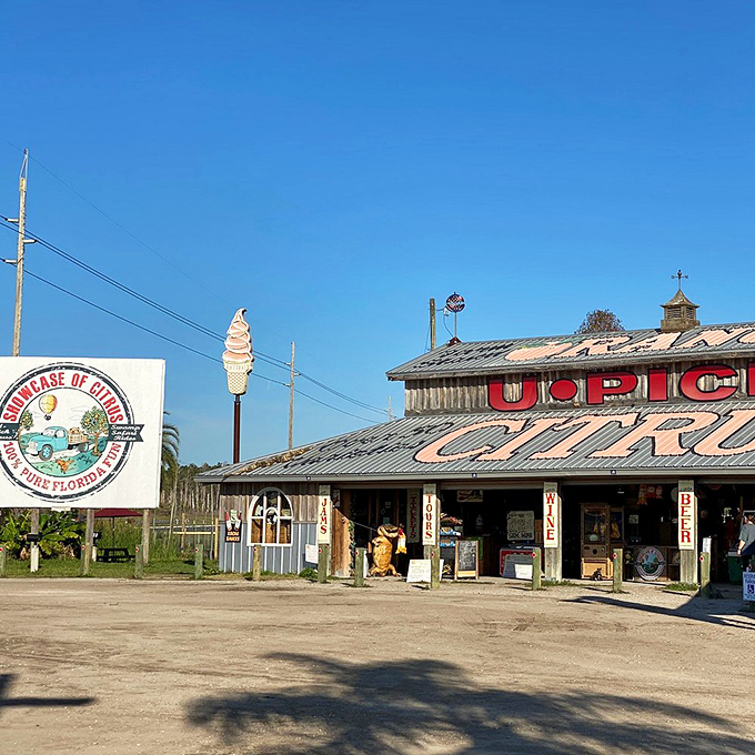 The Showcase of Citrus store stands as a delightful time capsule where ice cream cones are still giant, souvenirs are quirky, and Florida's roadside charm lives on.